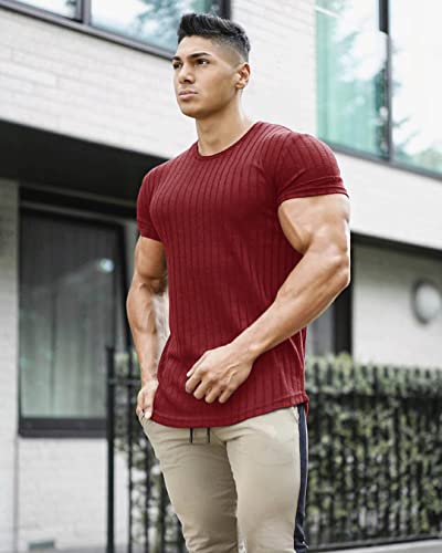 URRU Men's Muscle T Shirts Stretch Short Sleeve Bodybuilding Workout Casual Slim Fit Tee Shirts Wine Red XL