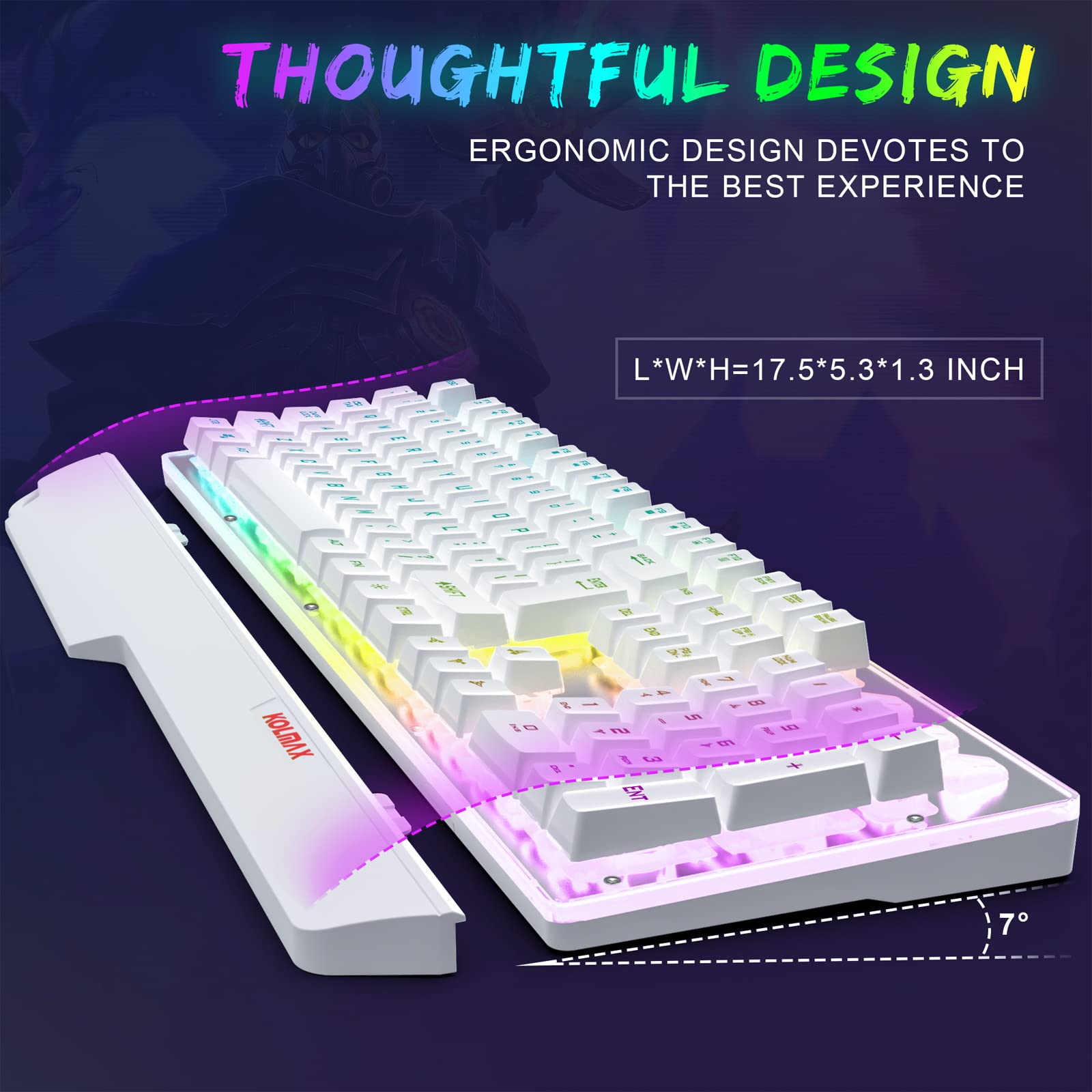 White Gaming Keyboard Colorful Rainbow Backlit Keyboard with Ergonomic Detachable Wrist Rest,Transparent Aluminum Panel Keyboard with Mechanical Feeling 104 Keys for PC PS4 Xbox Mac Office/Gaming