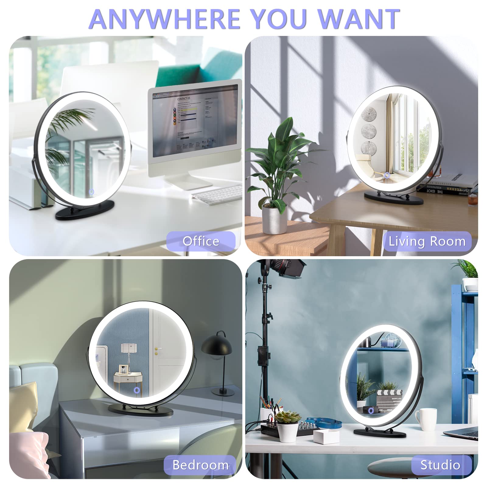 Vierose 20 inch Large Vanity Makeup Mirror with Lights, 3 Color Lighting Modes | Round Lighted Up Makeup Mirror with Dimming LED Halo for Dressing Room & Bedroom Tabletop, Touch Control (Black)