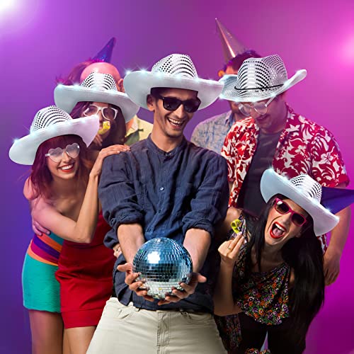 Zhanmai 6 Set LED Cowboy Hat Light Up Glitter Cowboy Hat with Sunglasses Sequin Space Cowgirl Hat for Women Men Costume Accessories (Gray)
