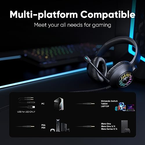 OLANRUN Gaming Headset with Microphone for PC - Stereo Gaming Headphones with Mic for Xbox One, Xbox Series X|S, PS5, PS4 - Wired PC Gaming Headset with 9 Color RGB for Computer, Laptop (Black)