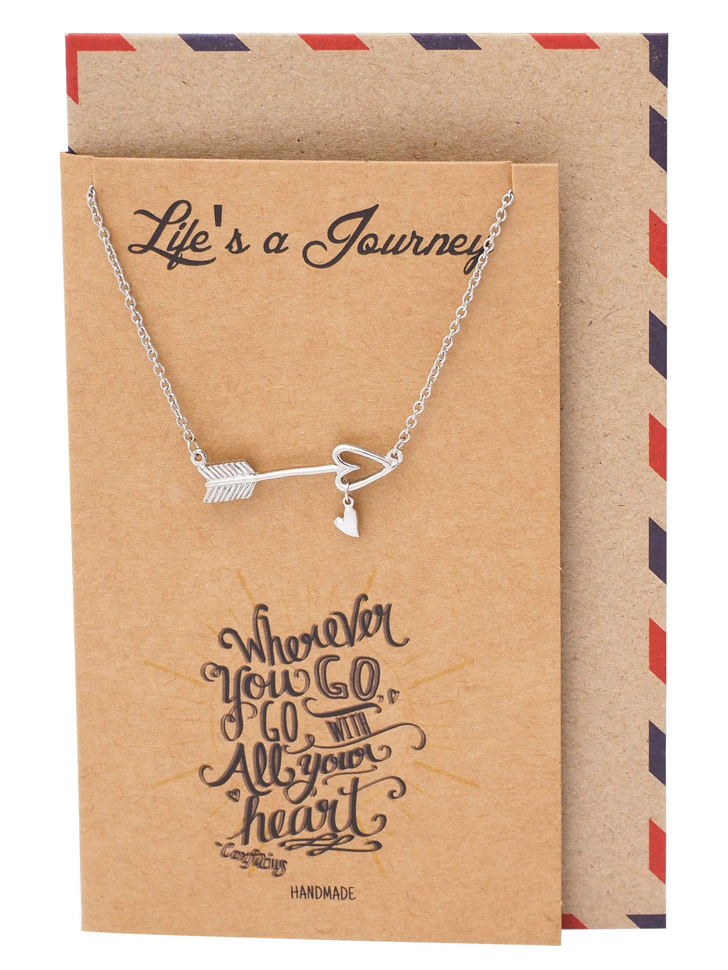quan jewelry Arrow Necklace with Heart Charm Sideways Arrow Pendant, Graduation Gifts Dream Necklace with Inspirational Quote Greeting Card, Adjustable Chain 16" to 18" Silver Tone