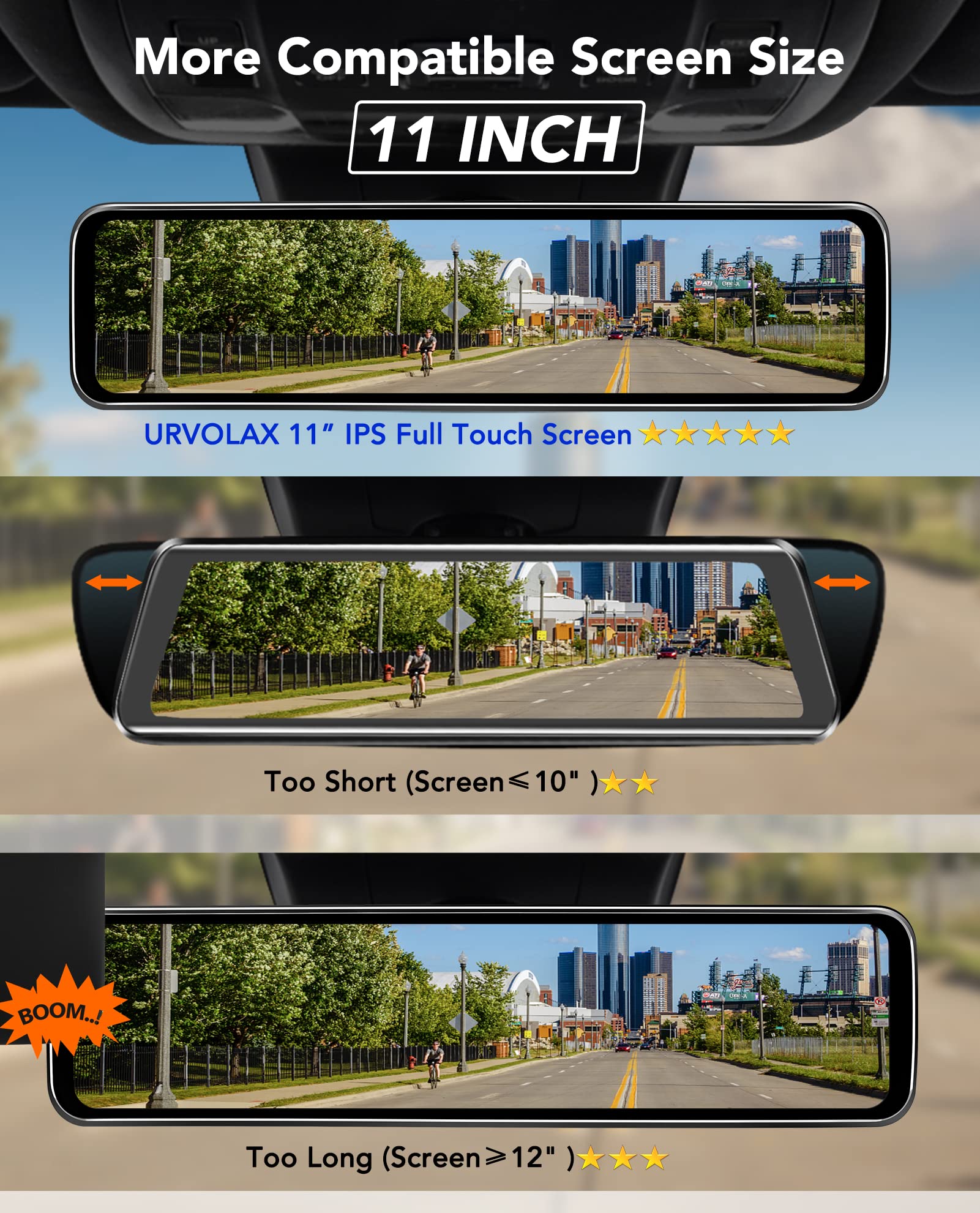 URVOLAX Mirror Dash Cam Backup Camera,11''Rear View Mirror Camera with Detached Front and Rear Cam for Car,Anti Glare Full HD Split Screen 1296P,Night Vision,Parking Assist,GPS,SD Card