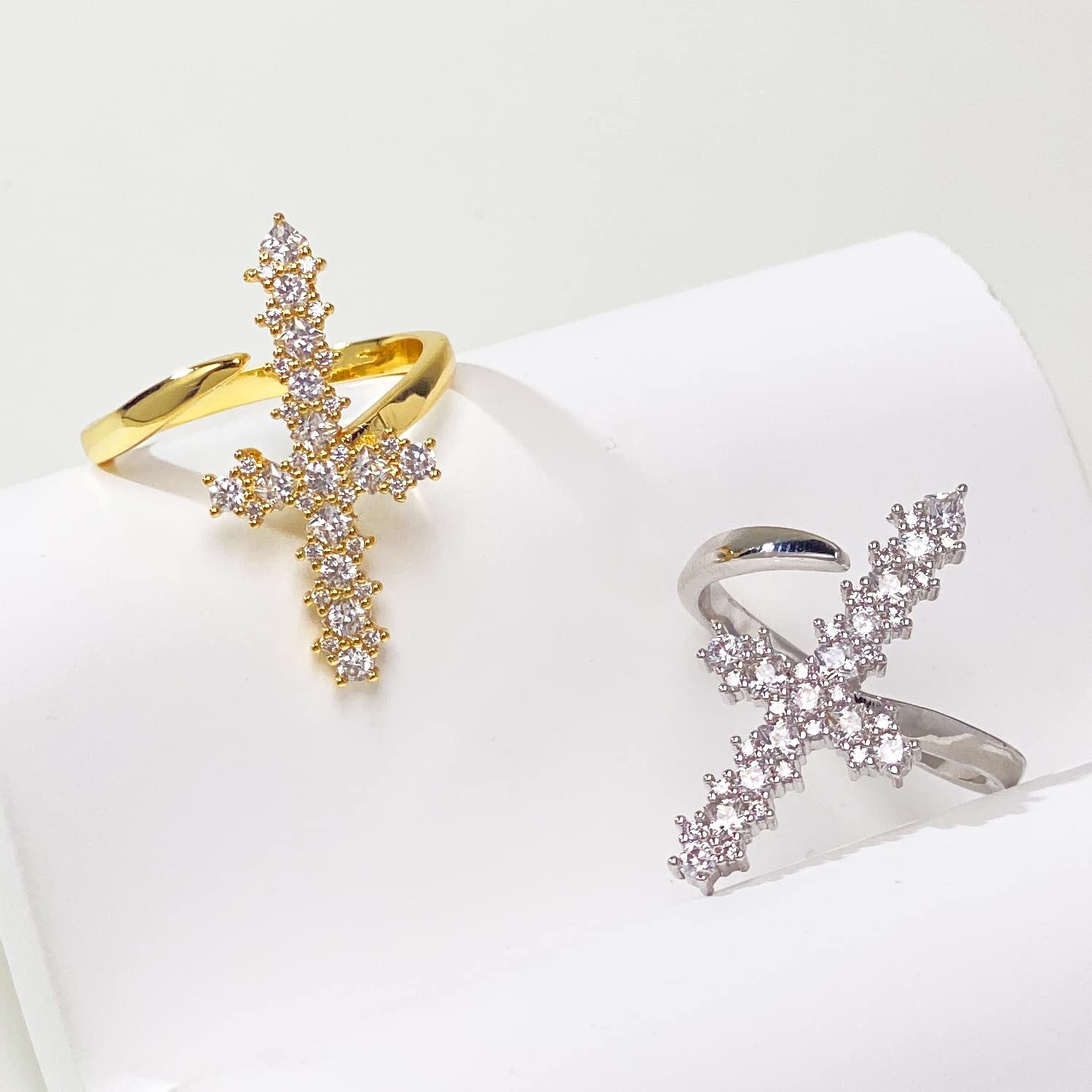 VIENNOIS Cubic Zirconia Cross Rings for Women Men,Adjustable Cubic Zirconia Wrap Open Ring Statement Jewelry(Gold/Silver)