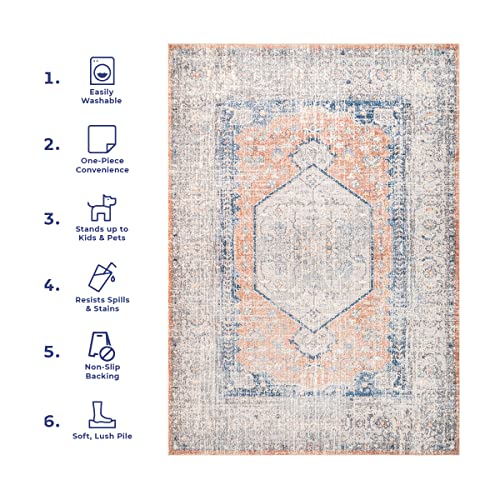 nuLOOM 5x8 Machine Washable Rain Haven Vintage Medallion Area Rug, Peach, Traditional Faded Design, Non-Slip Backing, Stain Resistant, For Bedroom, Dining Room, Living Room, Kitchen