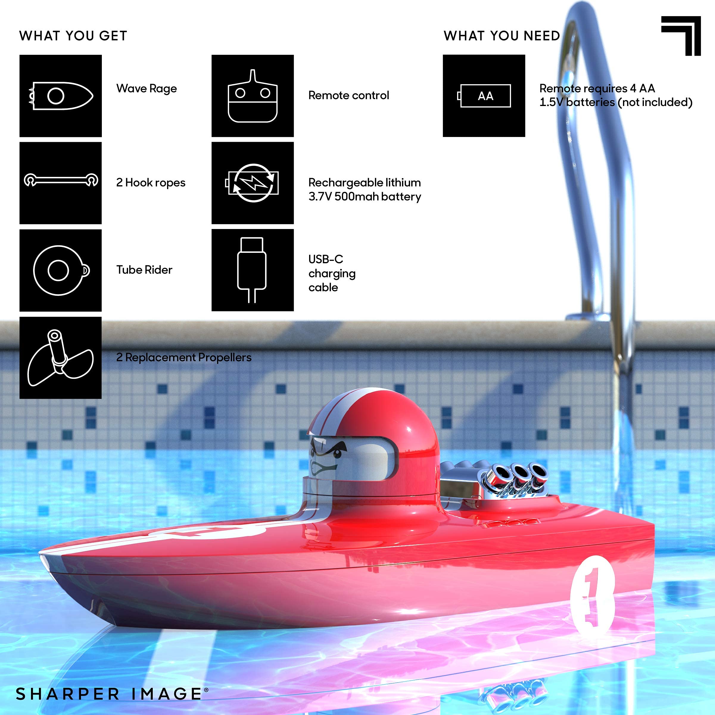 Sharper Image The RC Wave Rage, Wireless Rechargeable Bumper Boat with Tow Rider - Red