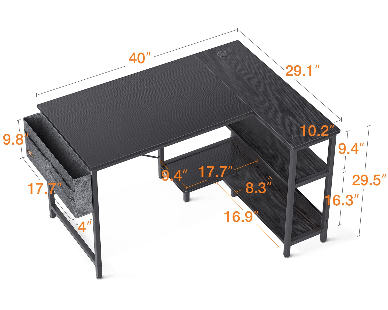 ODK Small L Shaped Computer Desk, 40 Inch Corner Desk with Reversible Storage Shelves & PC Stand, Writing Study Table with Storage Bag for Small Space, Black