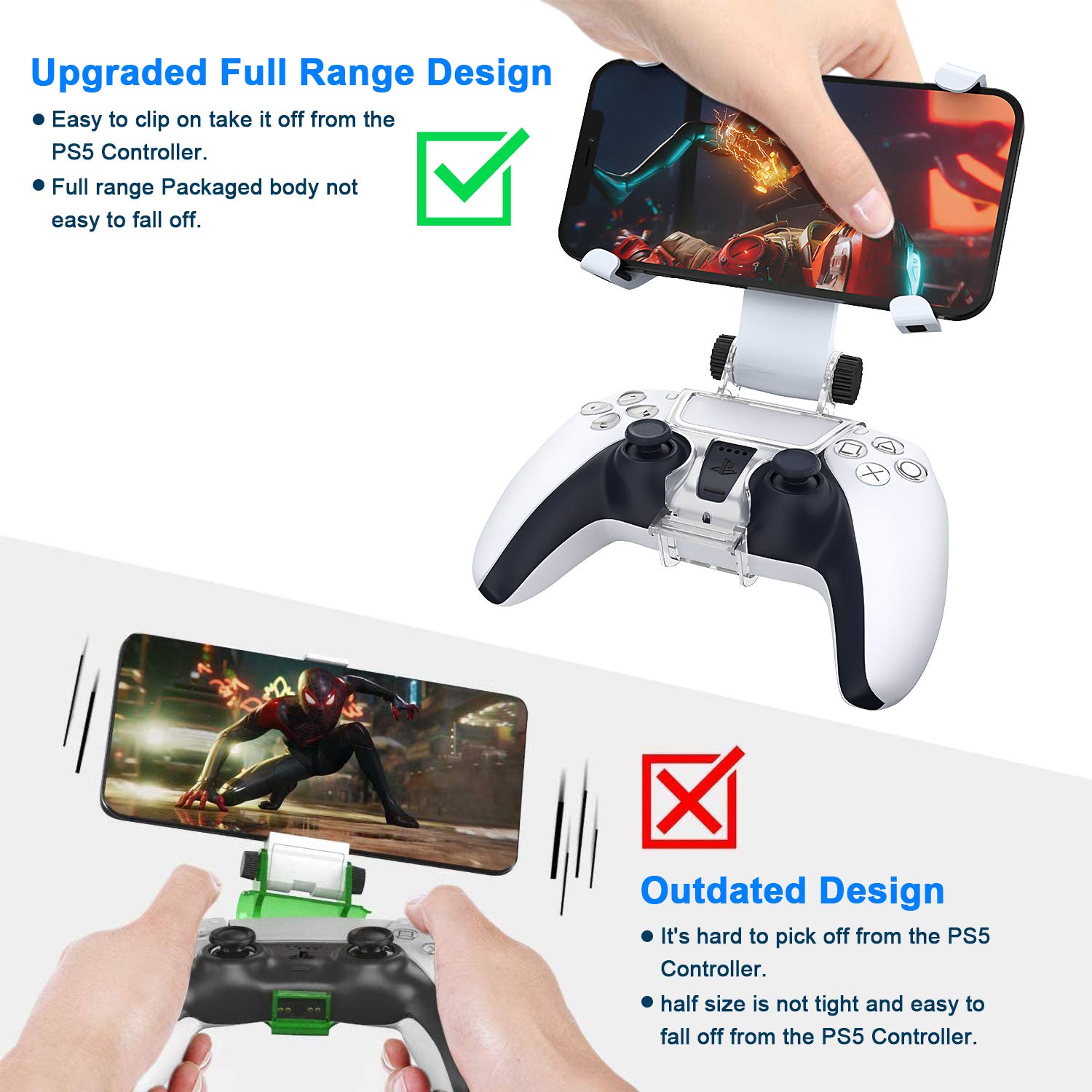 Supgear PS5 Controller Phone Mount Clip PS5 Controller Mobile Gaming Clip with X-shaped Design Adjustable Bracket 1PCS Rubber Protector Skins 2PCS Black Joystick Caps for Playstation 5 Game Controller