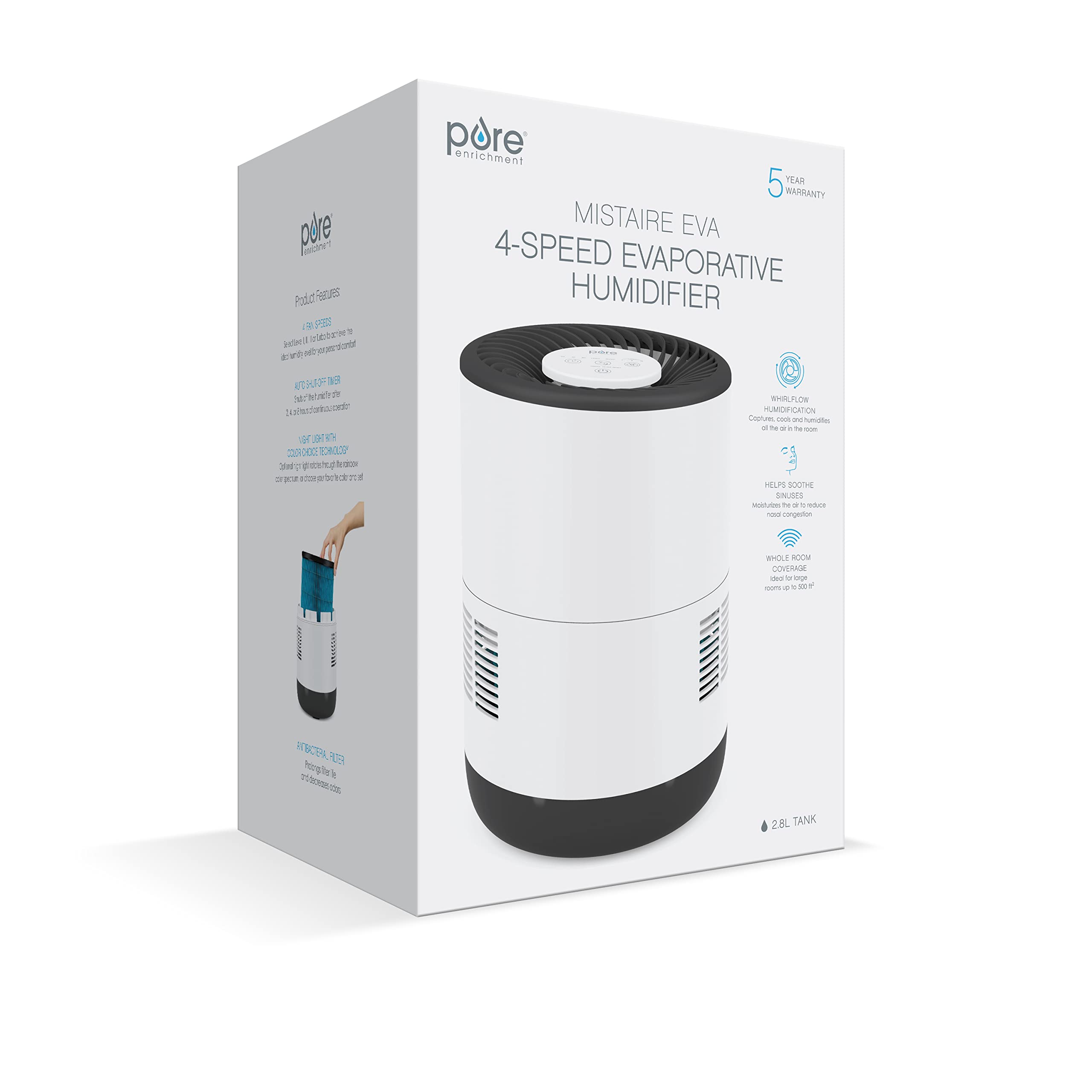 Pure Enrichment® MistAire™ Eva - Mist-Free Evaporative Humidifier (2.8L) with Antibacterial Filter, 4-Speeds, Large Room Coverage up to 500 sq. ft., and Auto Shut-Off Timer