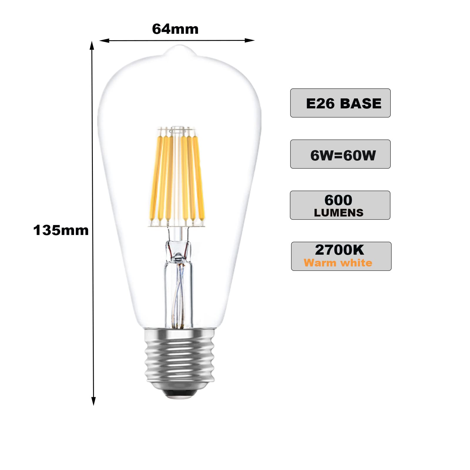 Vintage LED Light Bulbs,E26 Edison Filament,6W,60 Watts Equivalent,Soft White 2700K,2 Packs