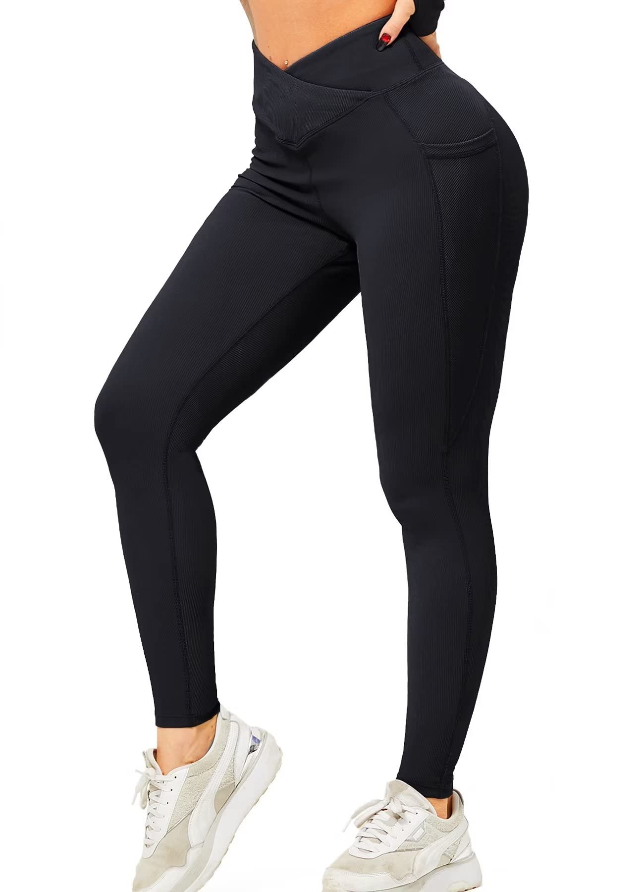 TZLDN Leggings for Women Tummy Control Crossover High Waisted Ribbed Gym Workout Yoga Pants with Side Pockets Black - X-Large