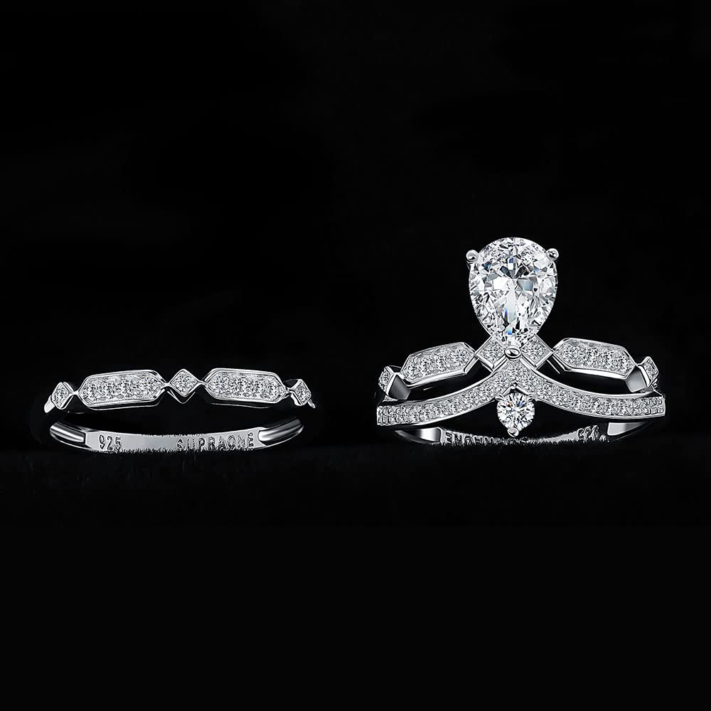 SUPRAONE 925 Sterling Silver Bridal Sets Engagement Rings for Women Cubic Zirconia Wedding Promise Rings for Bride Size 5-11