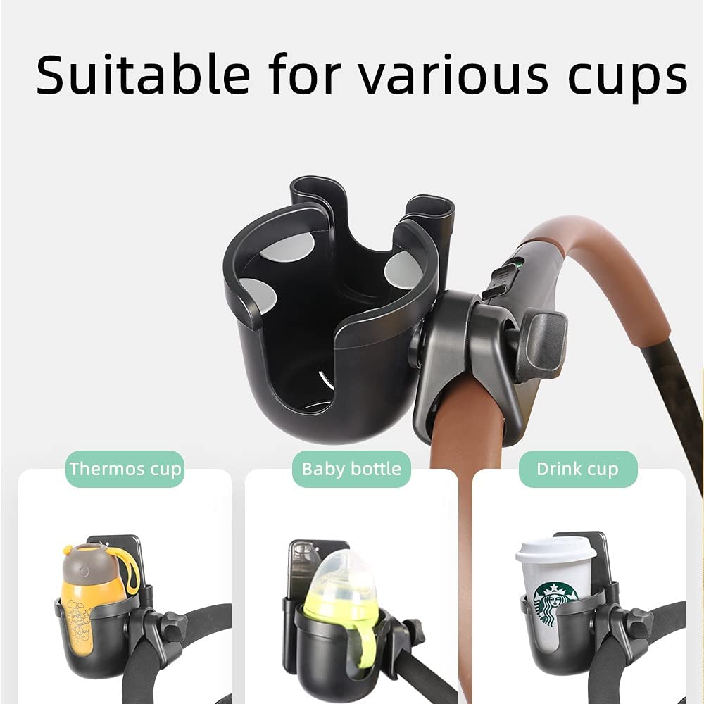 Stroller Cup Holder, 2 in 1 Universal Bottle & Phone Storage Rack, 360 Degree Cup Holder for Buggy, Pushchair, Wheelchair, Bike (Cup 2 in 1 -Pink)
