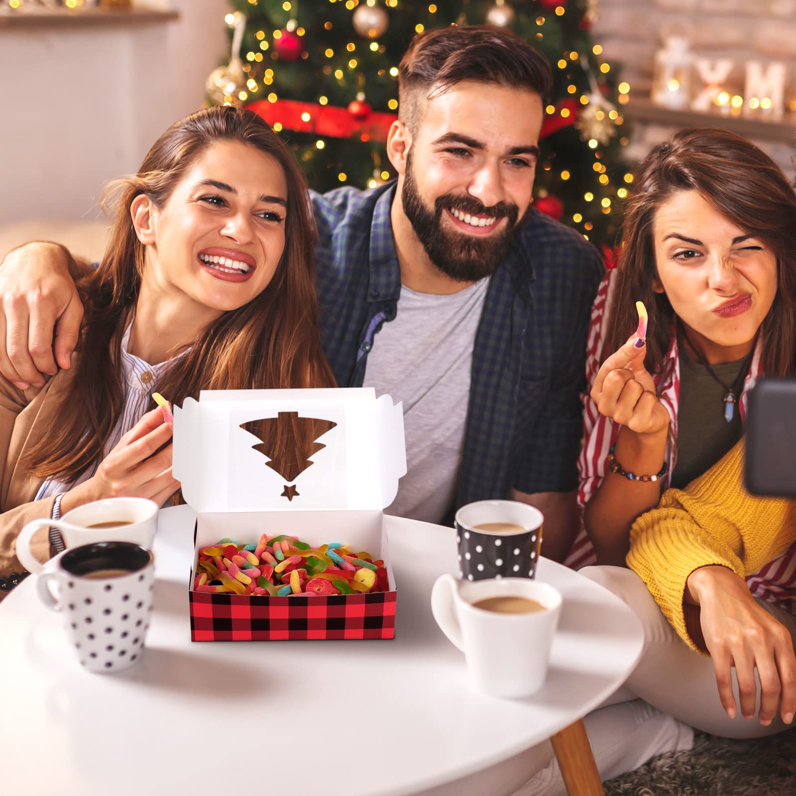 Ruisita 30 Pack Christmas Cupcake Boxes Plaid Red Black Paper Cupcake Carriers Bakery Box with Inserts and Window Cake Carrier Container Cookie Gift Boxes 6 Holders for Dessert, Pastries, Cake, Muffin