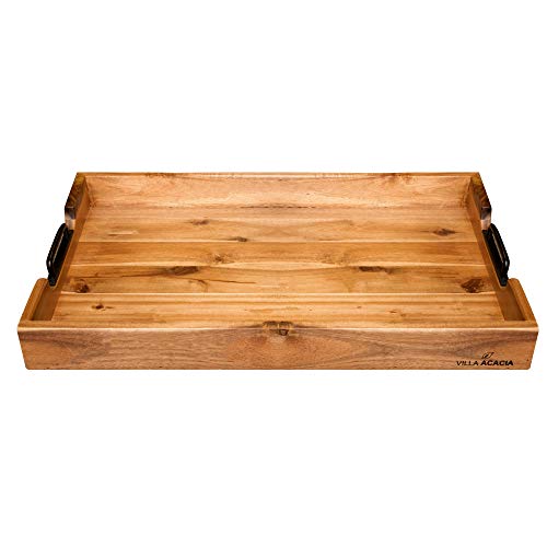 Villa Acacia Large Wood Serving Tray 24 Inch with Handles, Solid Wood, Light Finish