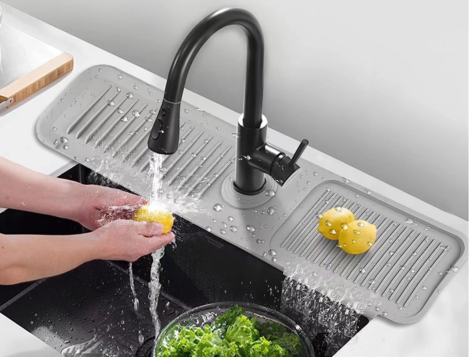Silicone Faucet Mat Drip Catcher Tray(gray24" x 5.5"),Sink Mat,Faucet Handle Drip Catcher Tray,Faucet Catcher Mat,Faucet Absorbent Mat,Faucet Rack,Sink Splash Guard,Sink Accessories Gadgets