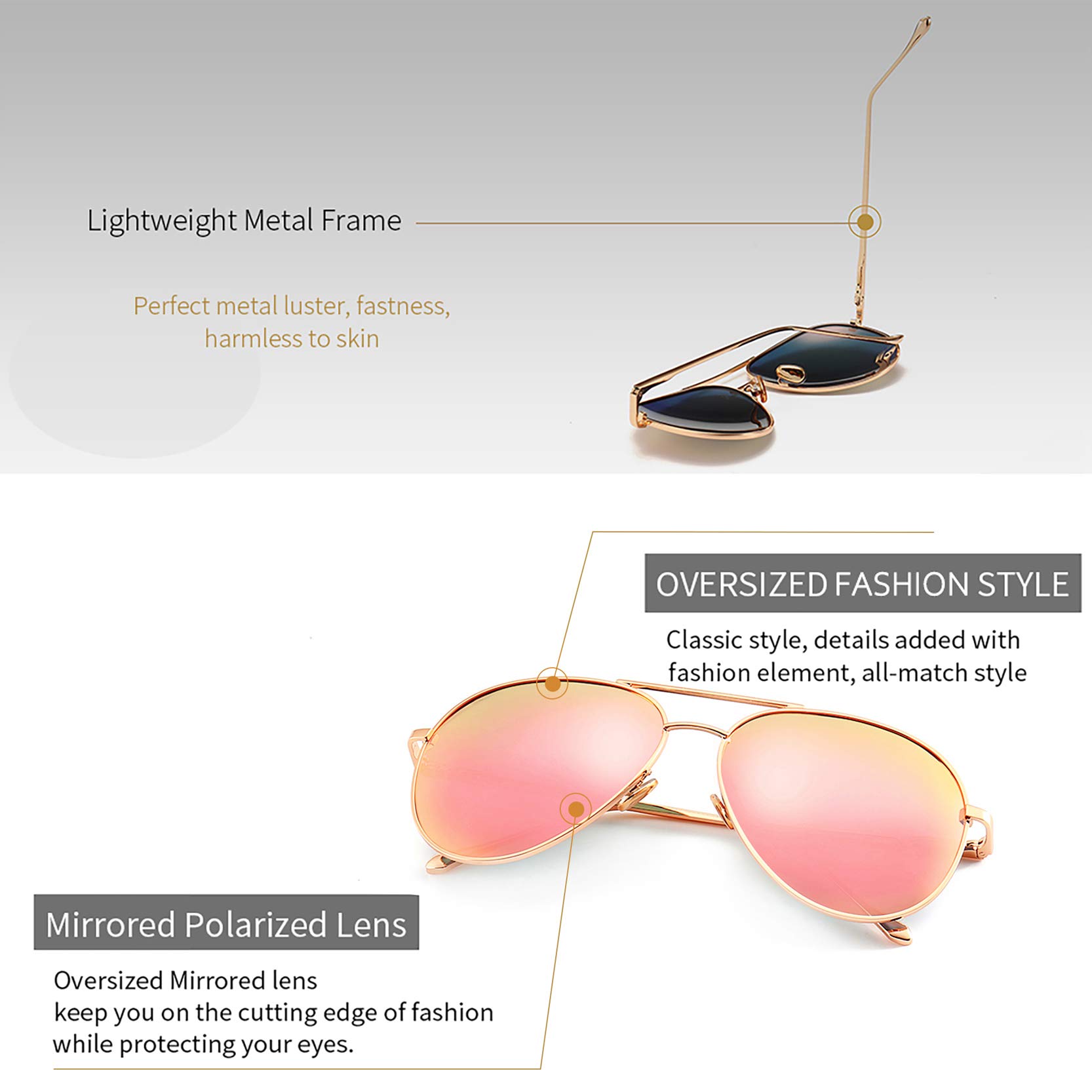 SUNGAIT Aviator Polarized Sunglasses UV400 Protection for Men Women - Full Metal Spring Hinge (Black Frame/Grey Lens, 60) SGT606-HH