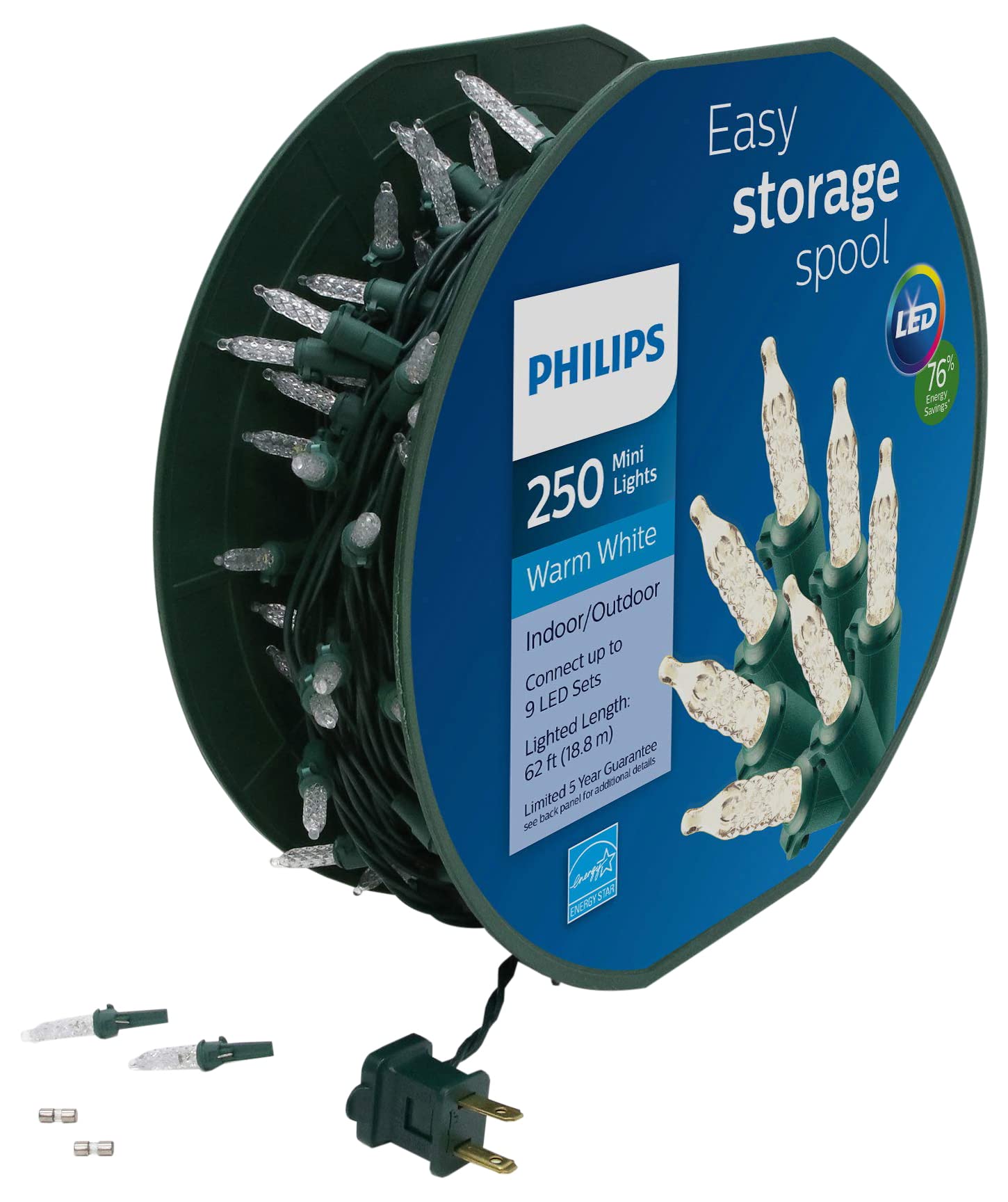 PHILIPS 250 LED Warm White Faceted Mini Christmas Lights on Green Wire with Storage Spool - UL Listed for Indoor/Outdoor Use - 64.33' Length with 4" Bulb Spacing - String Lights for Christmas Tree