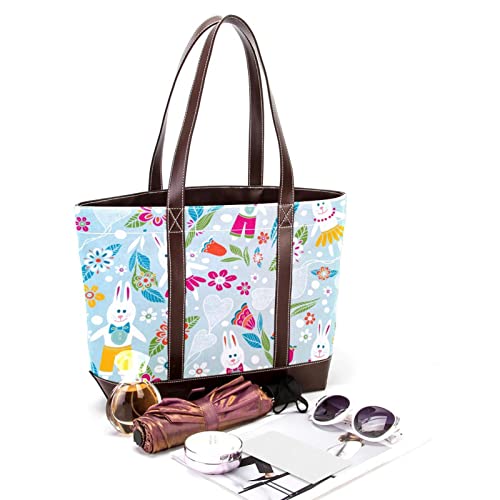 Women's Large Size Canvas Shoulder Bag Hobo Crossbody Handbag Casual Tote, Happy Easter Flower Cartoon Rabbit Lovely
