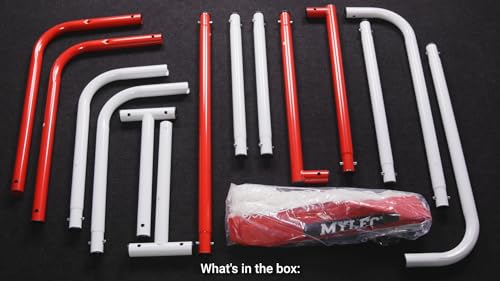 Mylec Steel Junior Hockey Goal for Indoor + Outdoor (52” x 43”), Easy Assembly, Lightweight, Portable, and Net Weave System (Red, 17 Pounds)