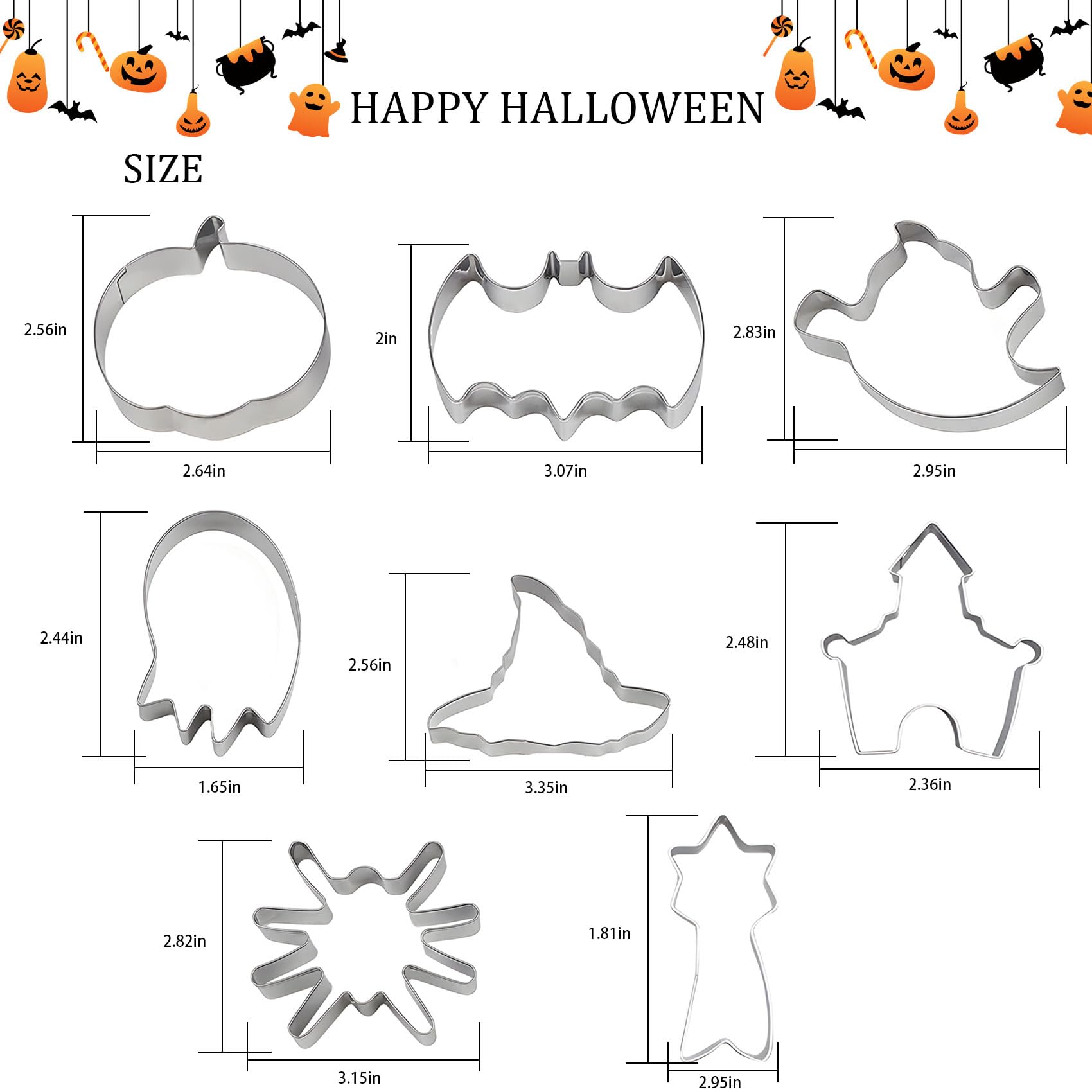 Nunnik Halloween Cookie Cutters 8 Pcs Stainless Steel Metal Cookie Cutter Set Holiday Cookie Cutters Shapes for Baking - Witch's Hat, Pumpkin, Ghost, Bat, Spidder, Star, Haunted House