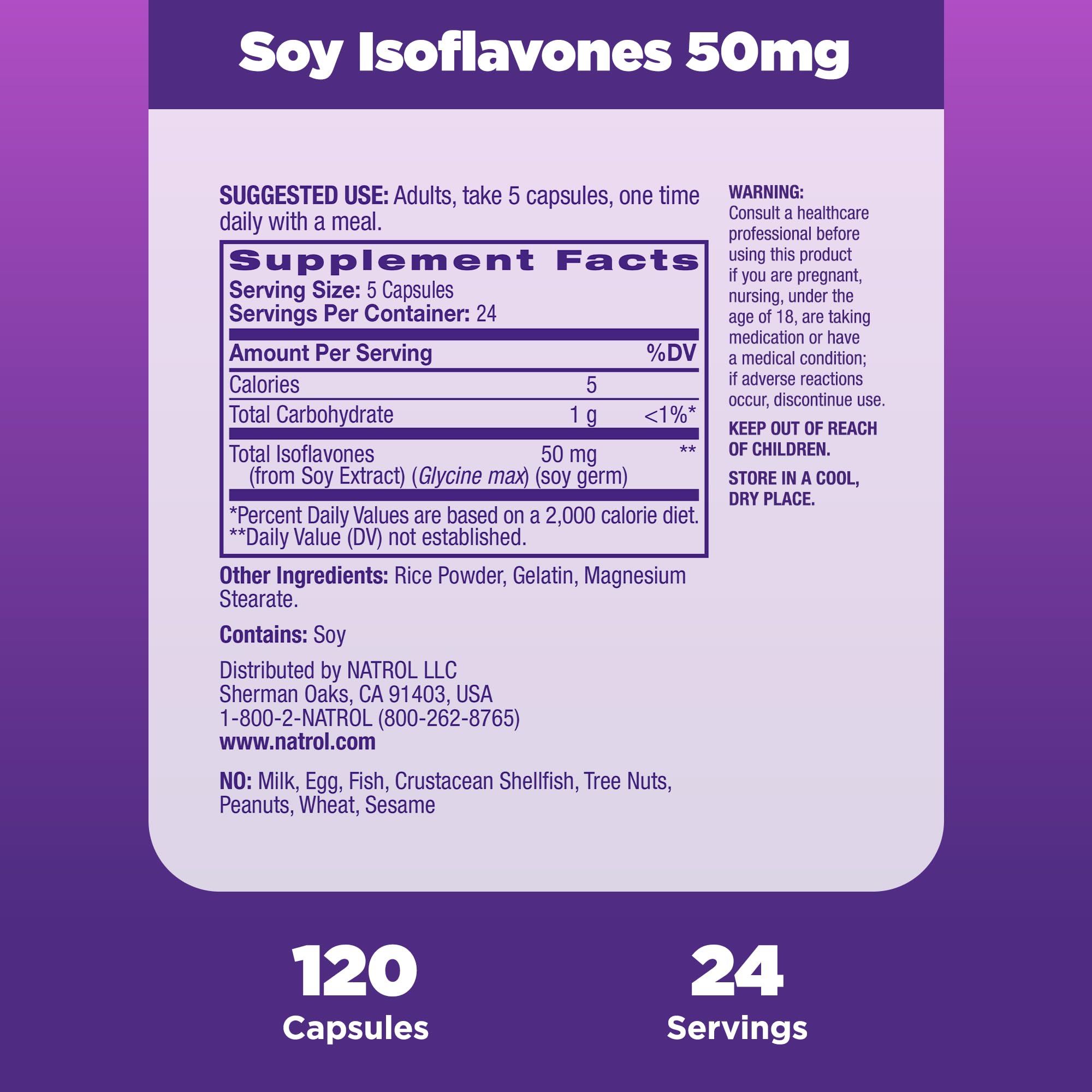 Natrol Soy Isoflavones Capsules, Menopause Relief, 50mg, 120 Count (Pack of 2) Purple