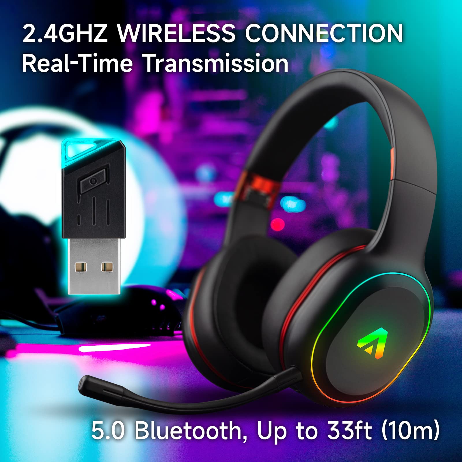 Wireless Gaming Headset, Bluetooth Gaming Headphones with Microphone Detachable Noise Canceling, 2.4GHz RGB Light for PS5 PS4 PC Phone Xbox Nintendo Switch (Black)