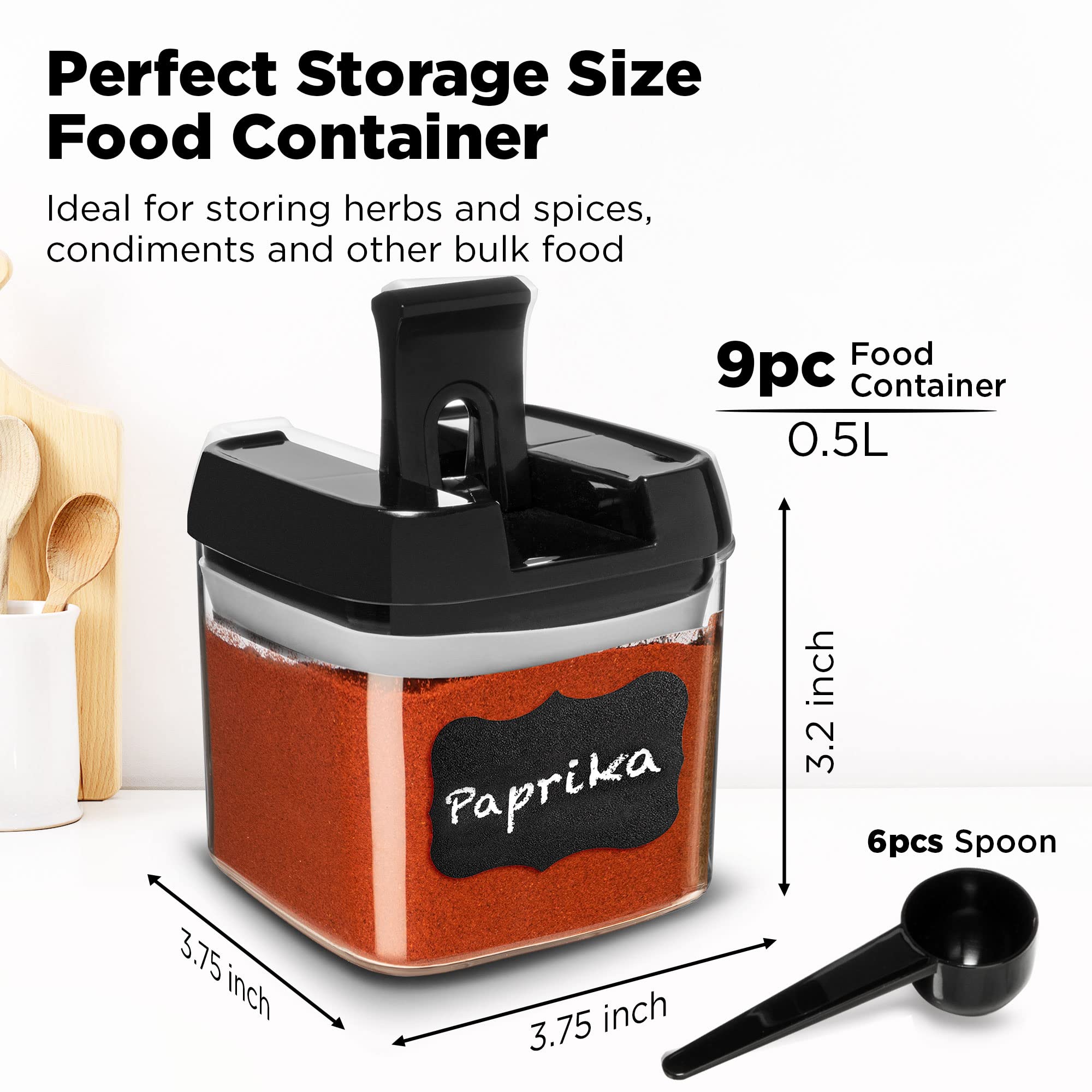 Shazo 9 Pc Airtight Food Storage Containers Set with Lids Plastic Kitchen Cabinet & Pantry Organization Canister Set for Spices, Herbs, Coffee & Tea - BPA Free - 9 Spoons