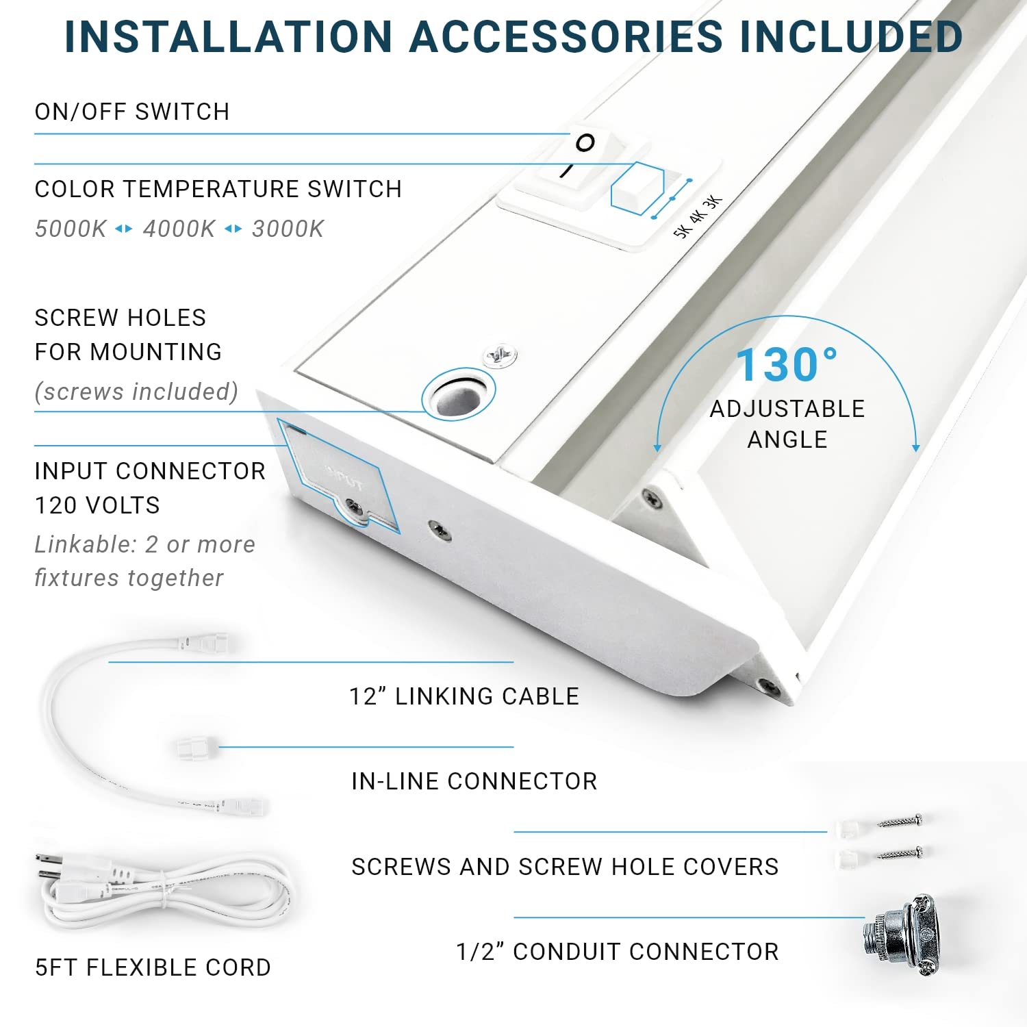 Parmida LED Technologies LED Swivel Under Cabinet Lighting, Hardwired or Plug-in Installation, 24", 14W, 3CCT Color Selectable - 3000/4000K/5000K, Rotatable Lens, Dimmable, Linkable, 120V, 840LM