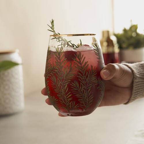 Twine Woodland Stemless Wine Glasses, Festive Gold Rim Tumblers, Decorative Barware, 16 Oz Set of 2