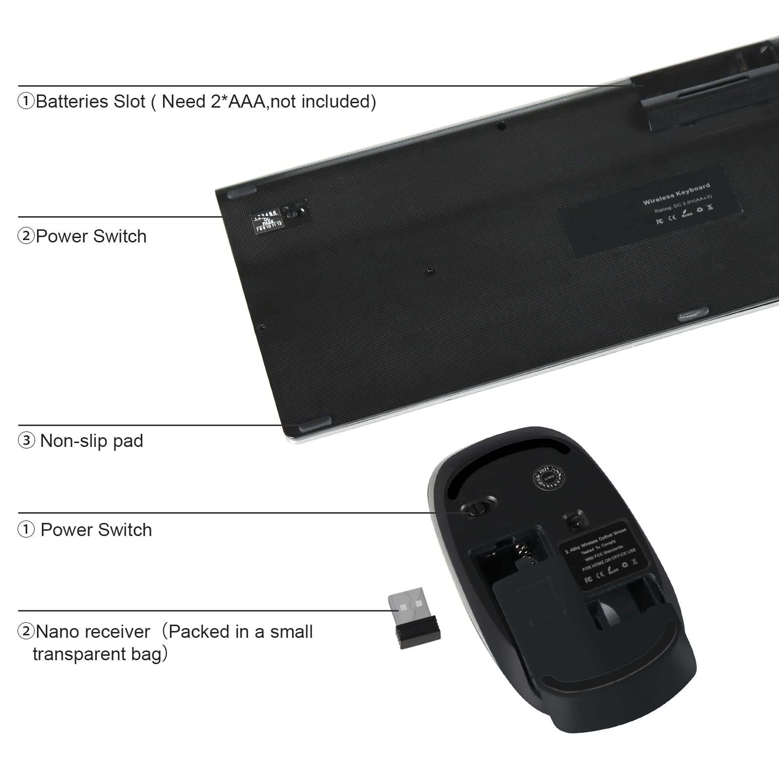 Wireless Keyboard and Mouse Combo, 2.4G USB Compact Full Size Keyboard and Mouse Wireless Set Ultra-Thin Slim Design for Windows, Computer, Desktop, PC, Notebook, Laptop (Black Grey)