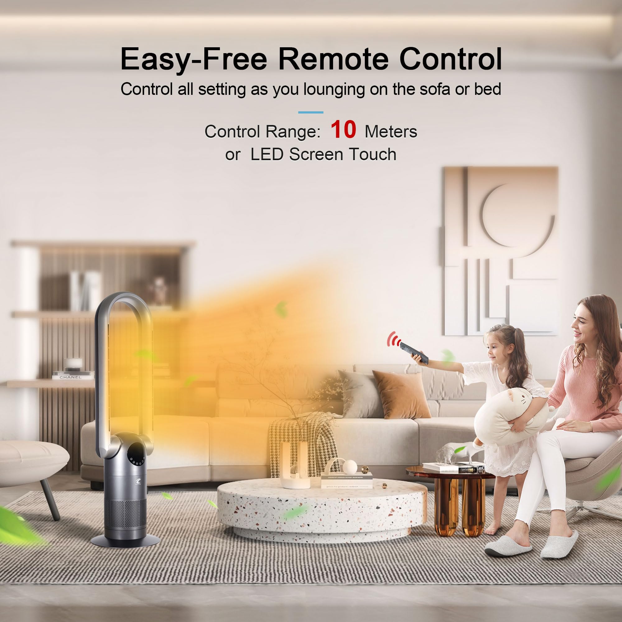 Ocean Loong 1500W Space Heater & 38.6” Bladeless Tower Fan for Home Bedroom, Eco Electric Heater with Adjustable Thermostat, Tip-Over Switch, Remote, Timer, Oscillating Floor Fan, AC68, (Grey)