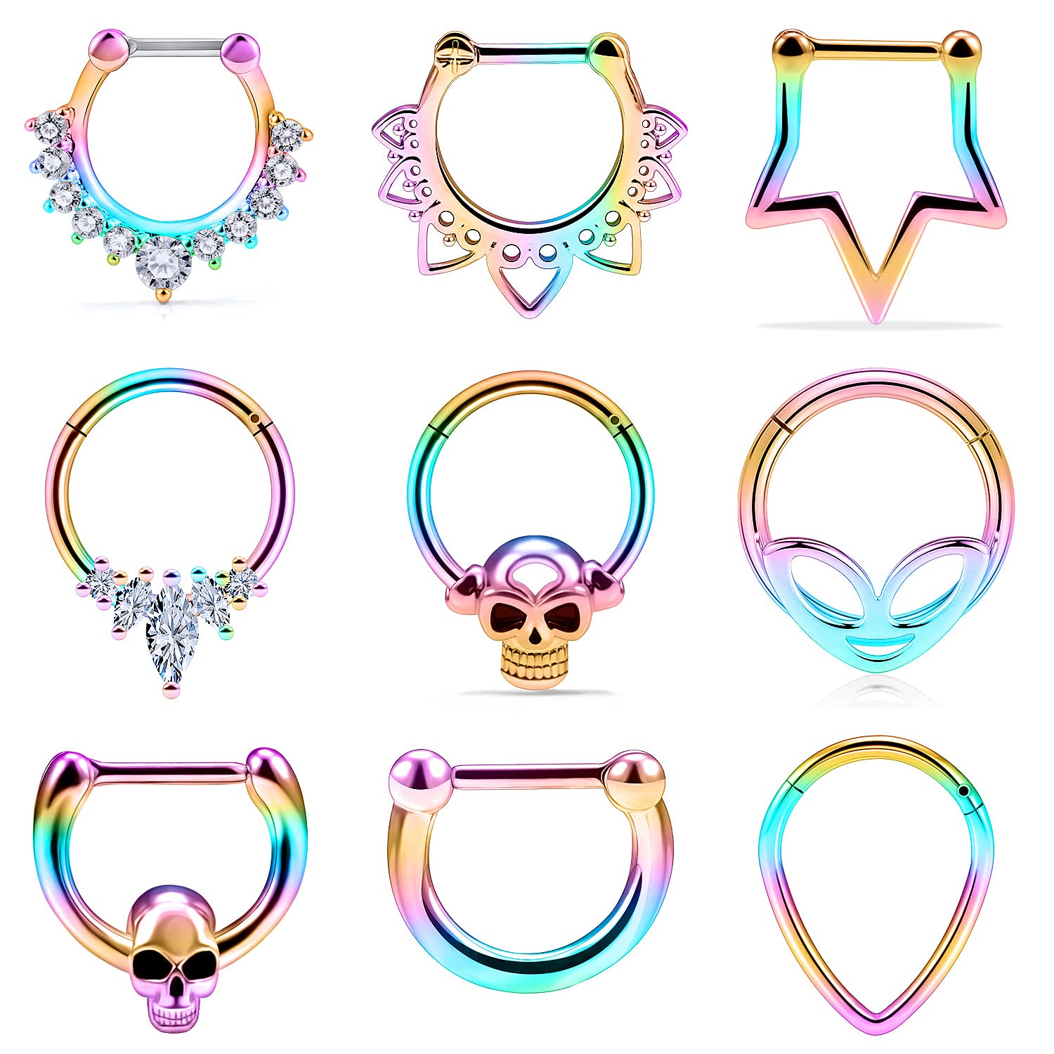 Vsnnsns 16G Septum Rings Piercing Jewelry Skull Septum Jewelry CZ Clicker Ring Stainless Steel Septum Hinged Segment Nose Rings Hoop Piercing Jewelry for Men Women 10mm Rainbow 9pcs