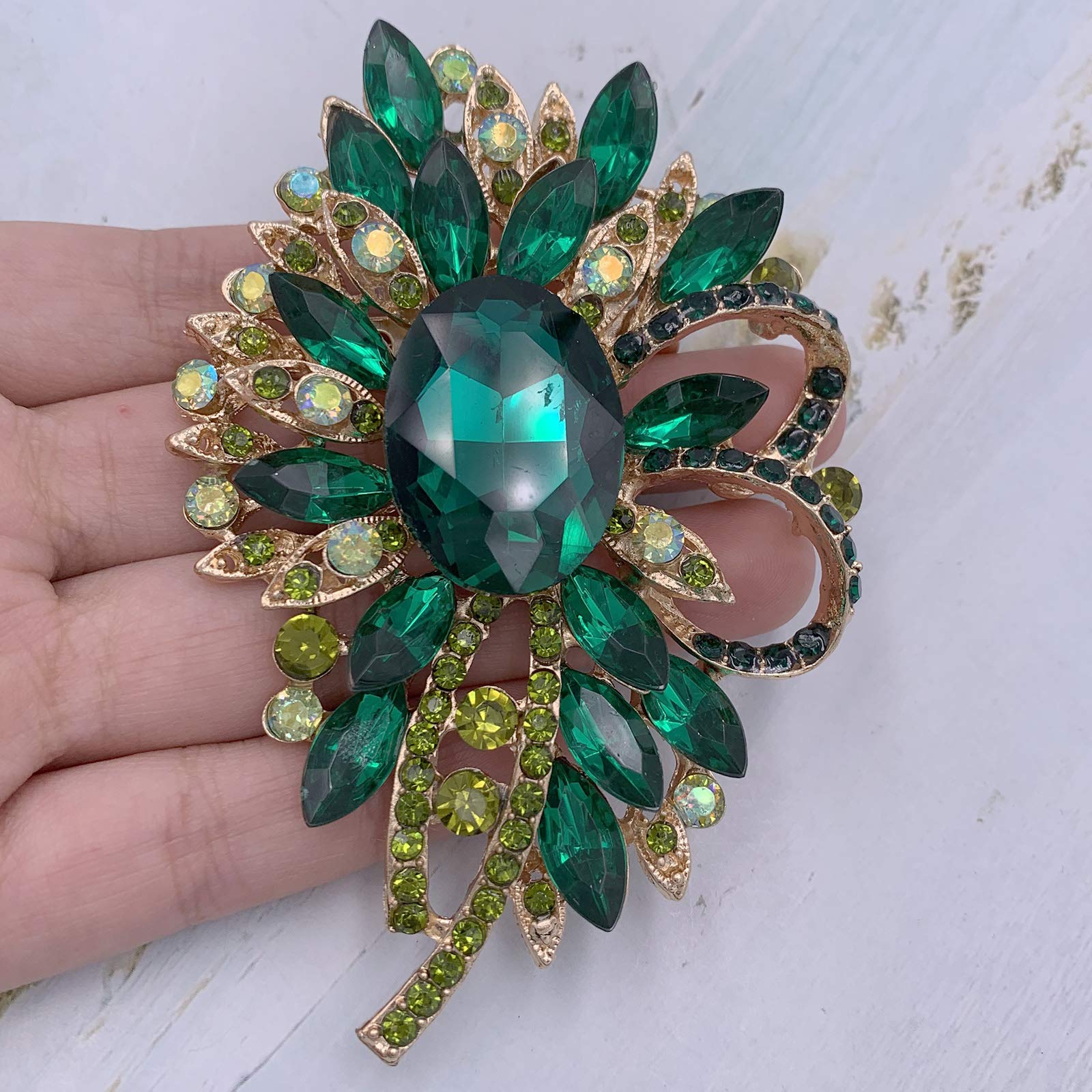 SELOVO Huge Big Large Flower Bow Brooch Decoration Green Scarf Pin Gold Tone