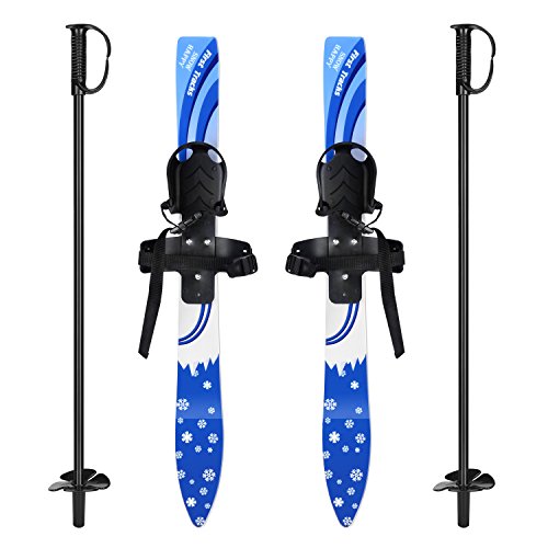 Odoland Kid's Beginner Snow Skis and Poles, Low-Resistant Ski Boards for Age 4 and Under, Lightweight, Sturdy and Safe, Blue