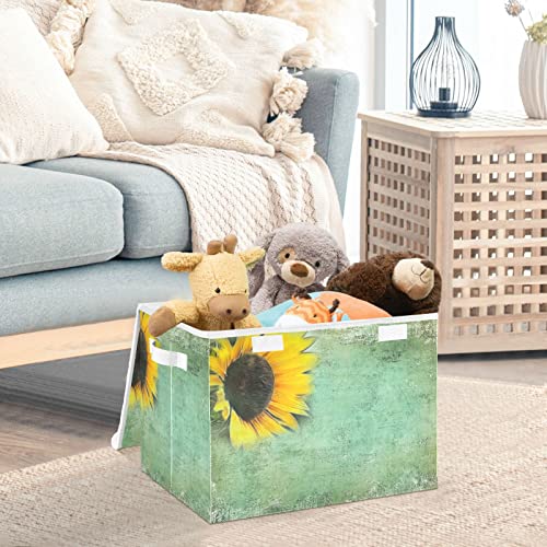 RunningBear Sunflower Teal Large Storage Bins with Lid Collapsible Storage Bin Nursery Baskets Cute Storage Box for Shelf Closet Nursery Home