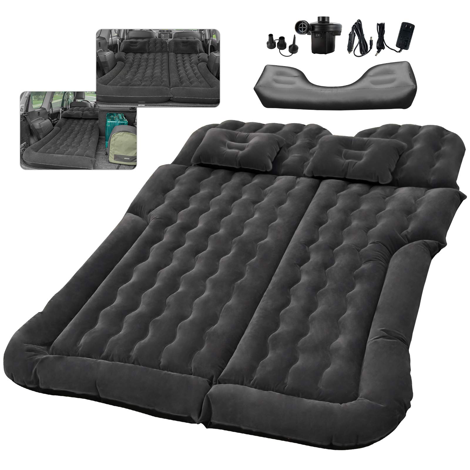SUV RV Air Mattress Car Bed Camping Cushion Pillow - Inflatable Thickened Car Air Bed with Electric Air Pump Flocking Surface Portable Sleeping Pad for Travel Camping Minivan Van Trunk