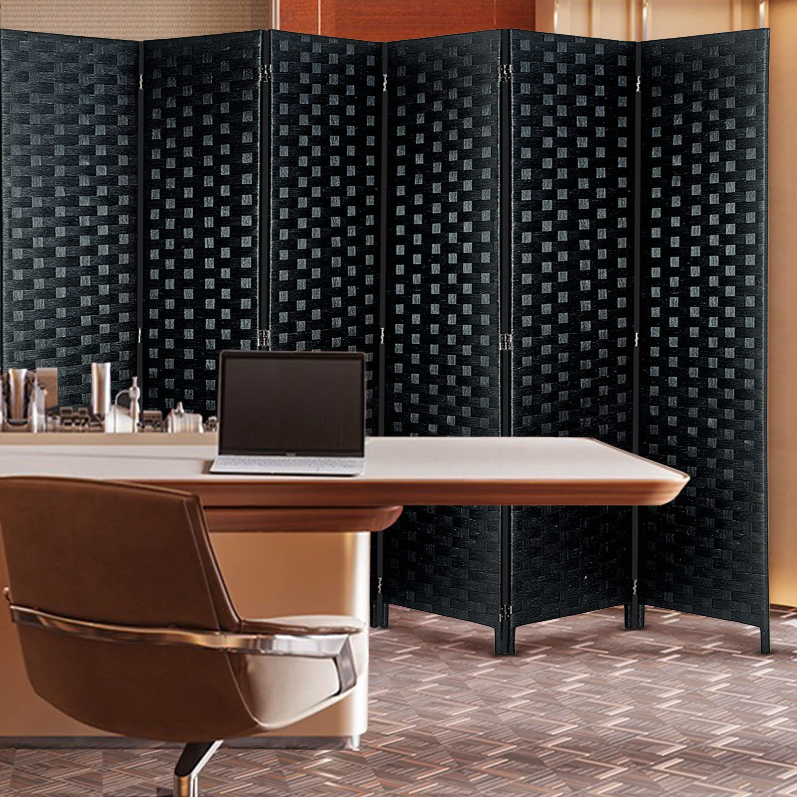 RHF 6 ft.Tall 16" Wide Room Dividers,Double Side Woven Fiber Divider,Better Privacy Screen,Folding Partition & Wall Divider,Space Seperate Indoor Decorative 6 Panel Screen,Freestanding- Black,6 Panels