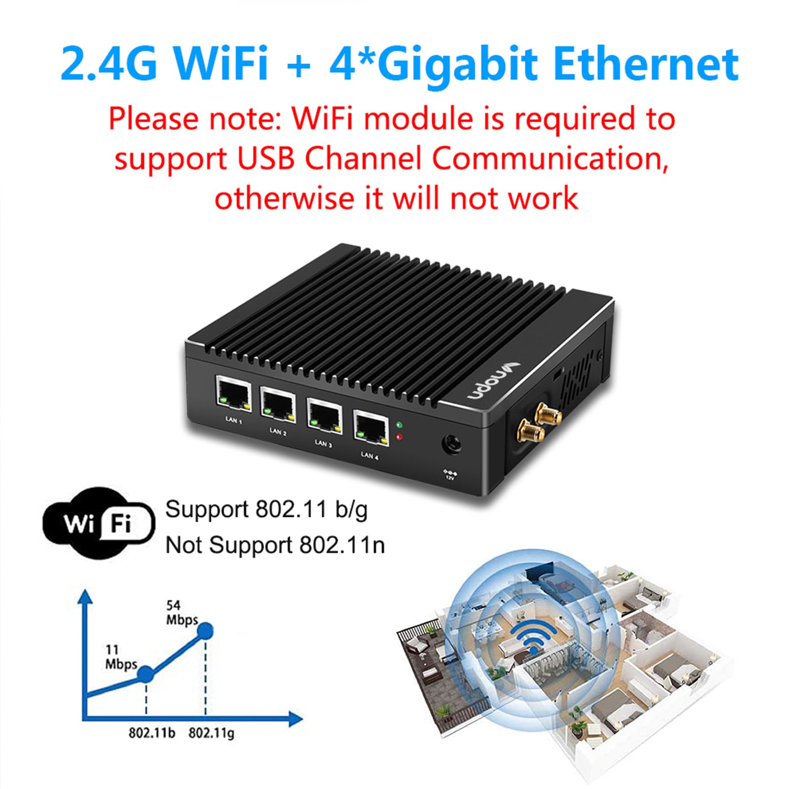 VNOPN Micro Firewall Appliance Intel N3700 Quad Core, Fanless Mini PC 4 Intel 2.5GbE i225 LAN Ports 8GB RAM DDR3 128GB mSATA SSD, Network Gateway Soft Router PC, Support AES NI/WiFi