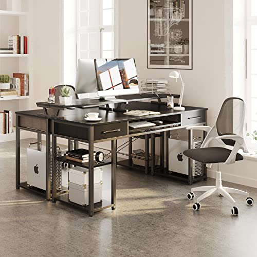 ODK Computer Desk, 55'' Office Desk with Keyboard Tray, Writting Desk with Drawers and Monitor Stand, Study Table with CPU Stand and Removable Shelf for Storage, Black