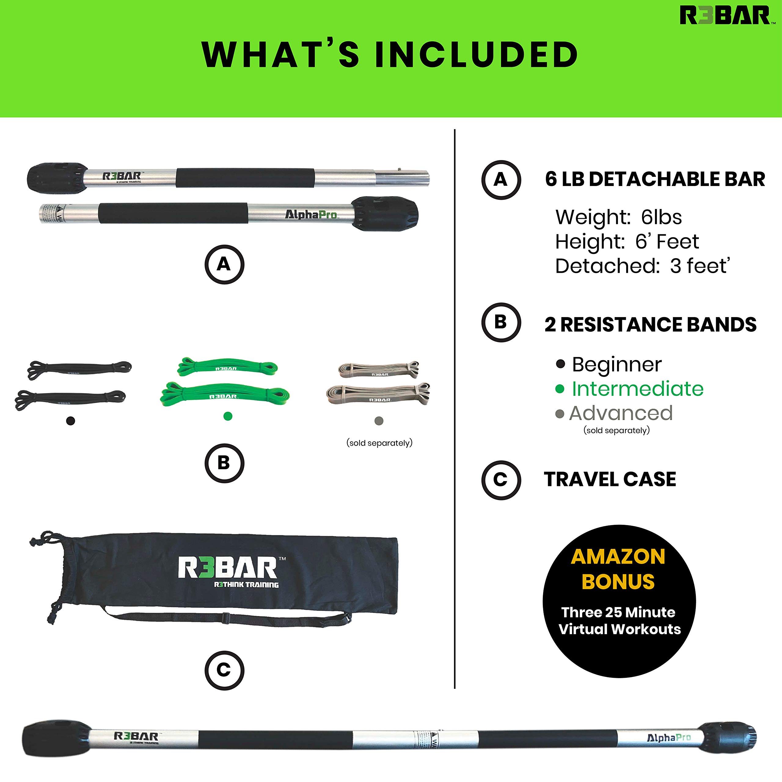 R3BAR AlphaPro Full Portable Exercise Home Gym Workout Training Equipment– Includes Bar, Resistance Bands, Travel Bag – New Amazon Bonus – 3-25 Minute Virtual Workouts Included