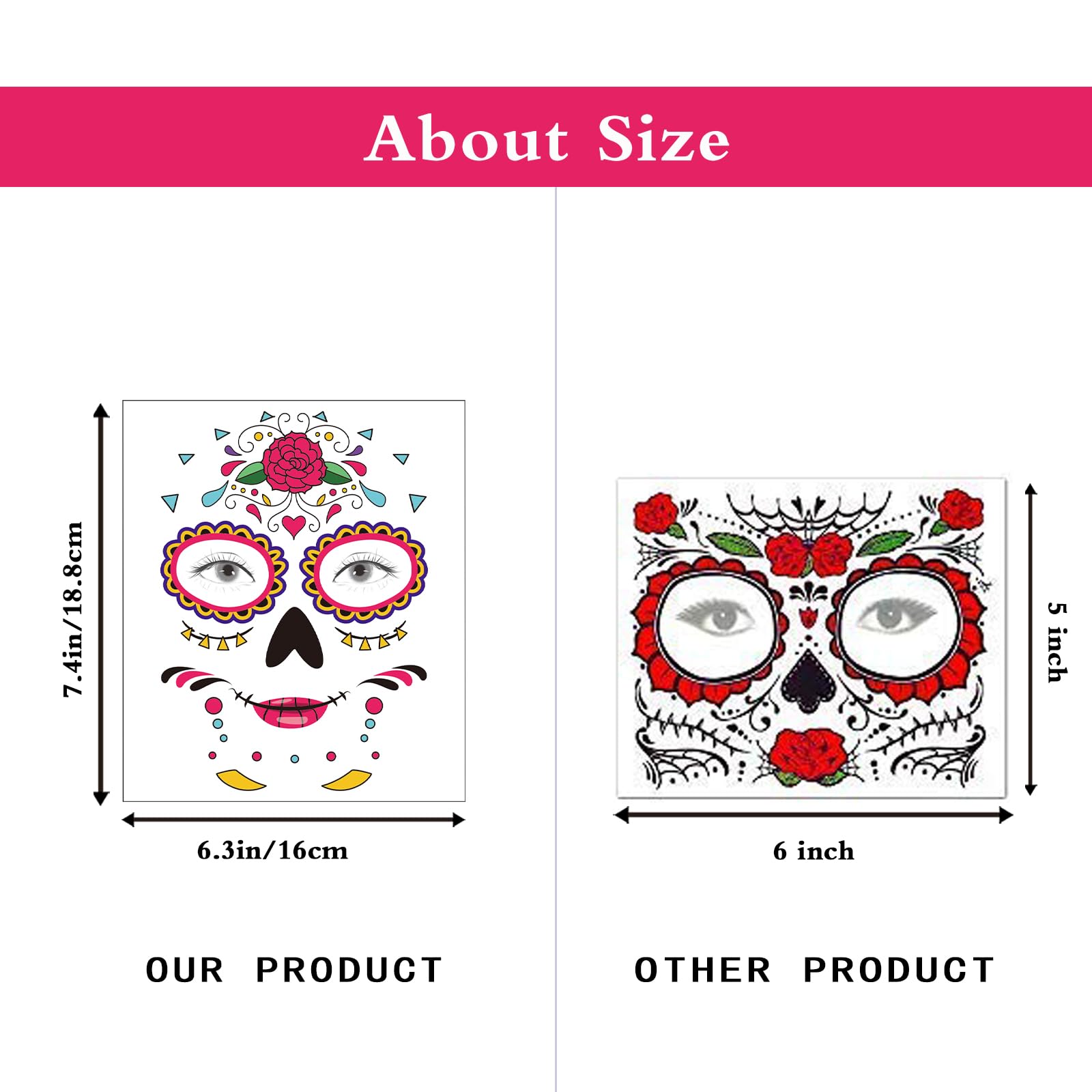 Temporary Face Tattoo, 8 Kits Tattoos Sugar Skull Stickers Day of The Dead Makeup, Face Tattoo Rose Design for Halloween, Masquerade and Parties