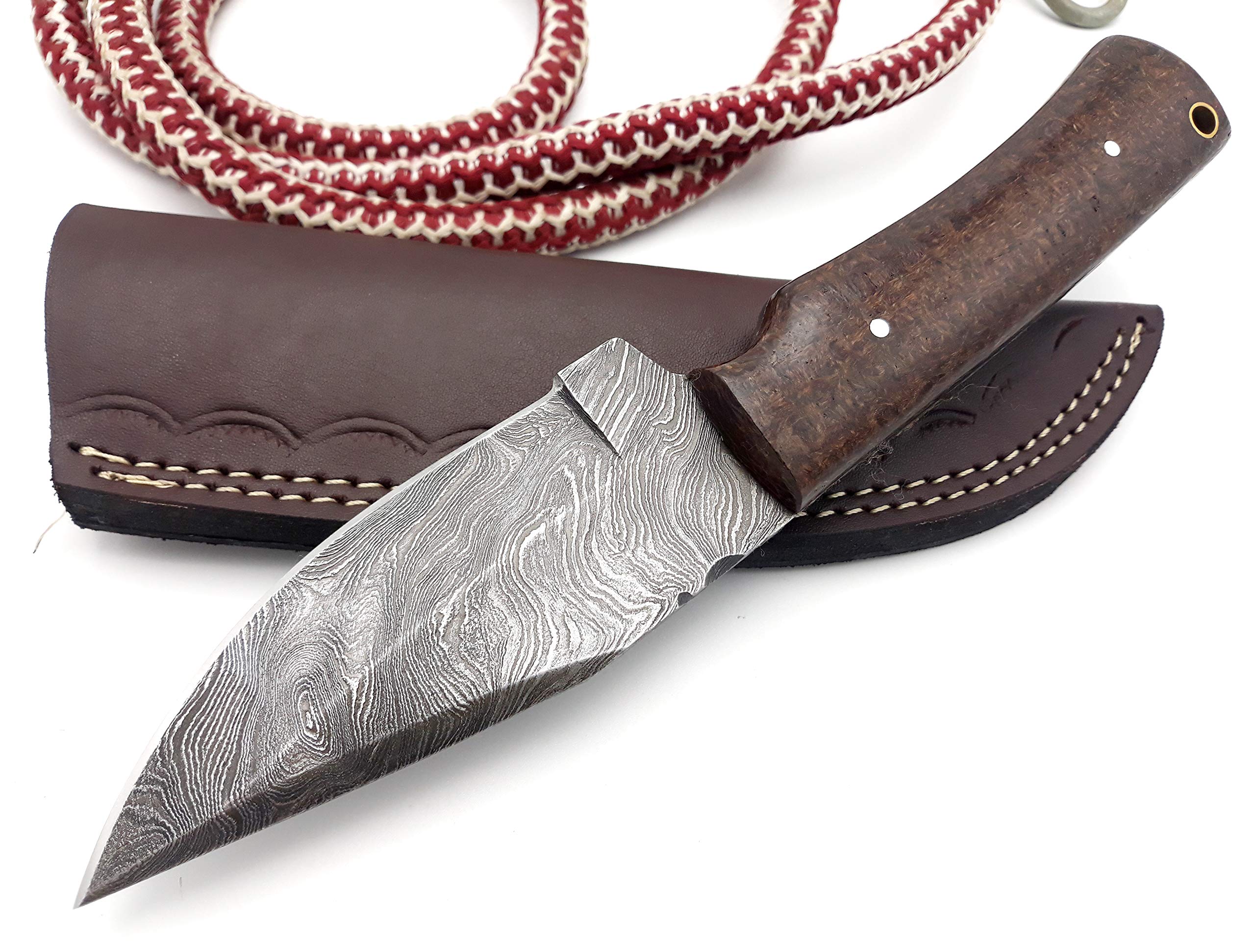 Nooraki SK-65 Handmade Damascus Hunting Knife 8.5 inches Full Tang Blade with Leather Sheath Skinner Knife, Exotic Walnut Wood Handle