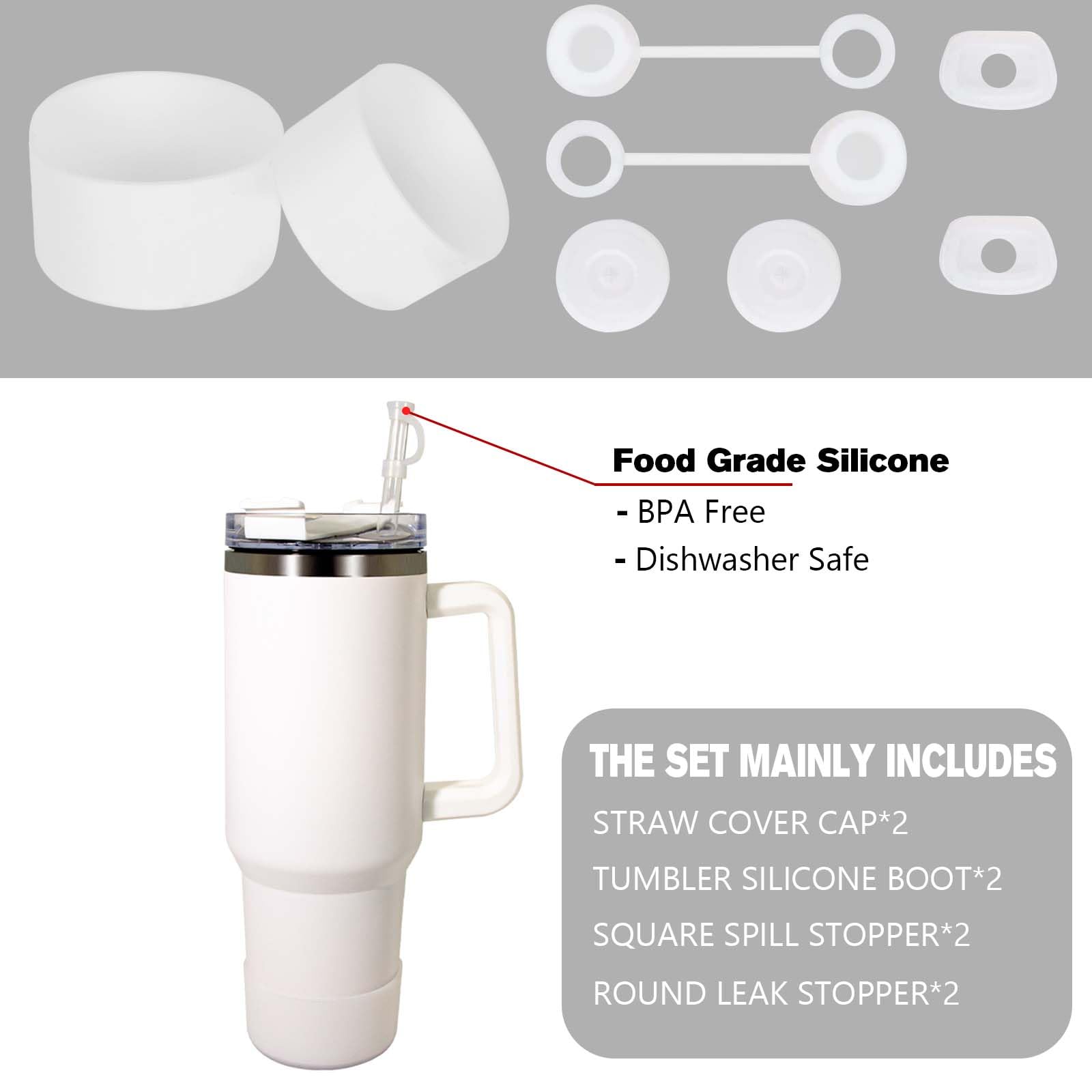 Silicone Spill Proof Stopper for Stanley Cup 40 oz 30 oz Quencher H1.0,Accessories Including Tumbler Silicone Boot, Straw Cover Cap, Square Spill Stopper and Round Leak Stopper, Clear