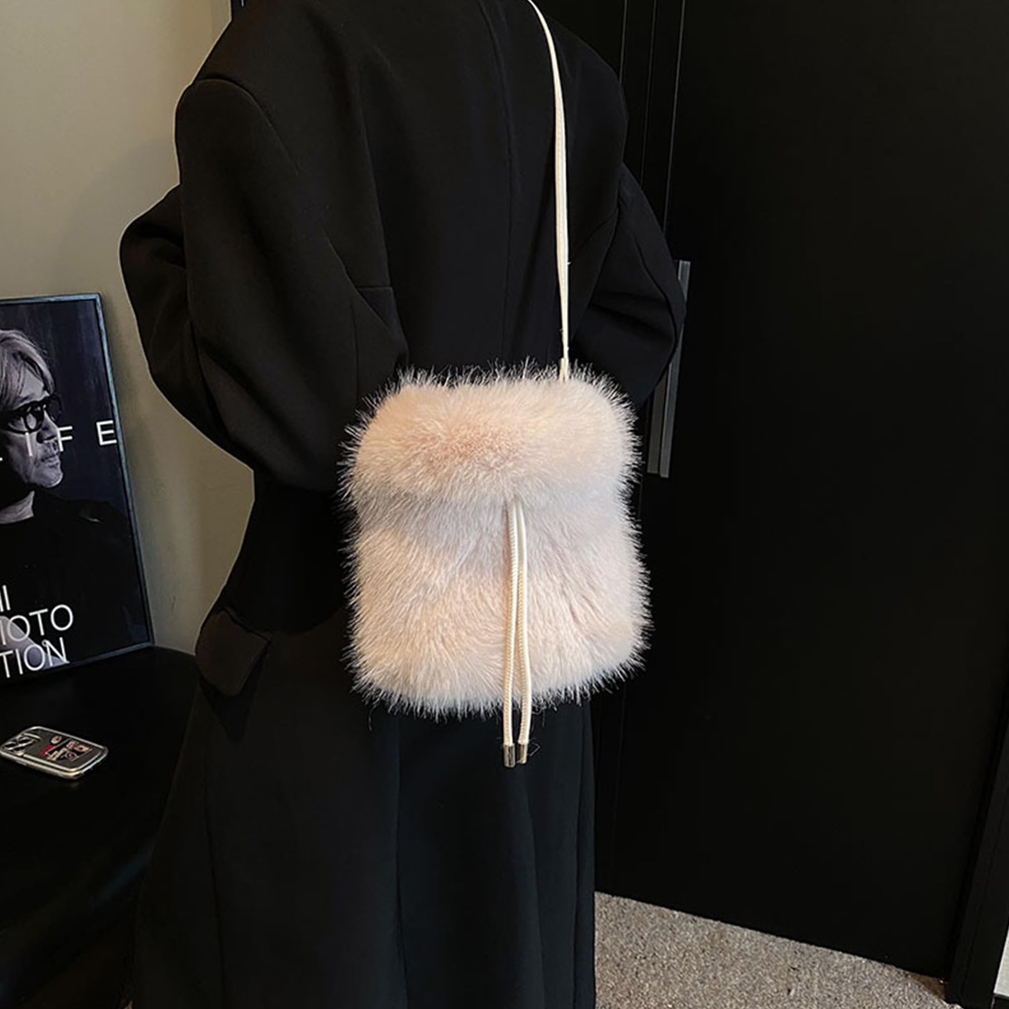 ZLM BAG US Women Plush Drawstring Bucket Bag Chain Crossbody Shoulder Purse Fuzzy Handle Evening Handbag