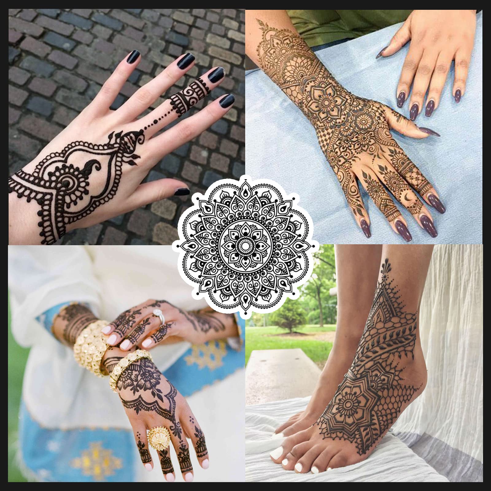 Temporary Tattoos Kit, 4Pcs Semi Permanent Tattoo Paste Cones, India Body DIY Art Painting for Women Men Kids, Summer Trend Freehand Plaste with 3 Colors,20Pcs Adhesive Stencil,1Pc Bottle,4Pcs Nozzles