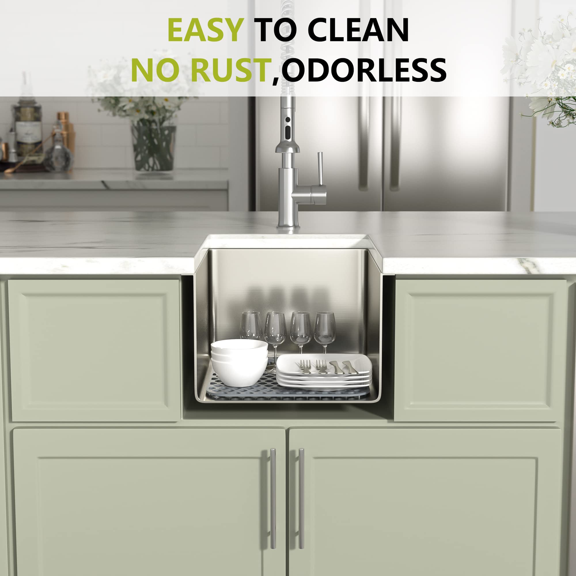 Silicone Under Sink Mat - Dcolora 31''x22'' Waterproof Under Sink Mat For Kitchen Bathroom Laundry Sink Flexible Cabinet Protector Mat with Drain Hole Easy To Clean Gray Drip Tray