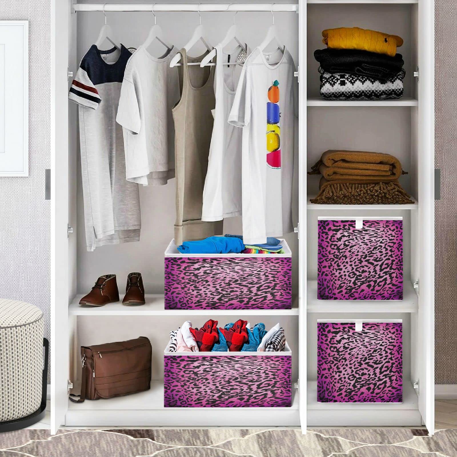 Shelf Baskets for Organizing,Closet Storage Bins Large Collapsible Storage Baskets with Handles for Closet,15X10.5X7 In, Leopard Pattern,ODK276