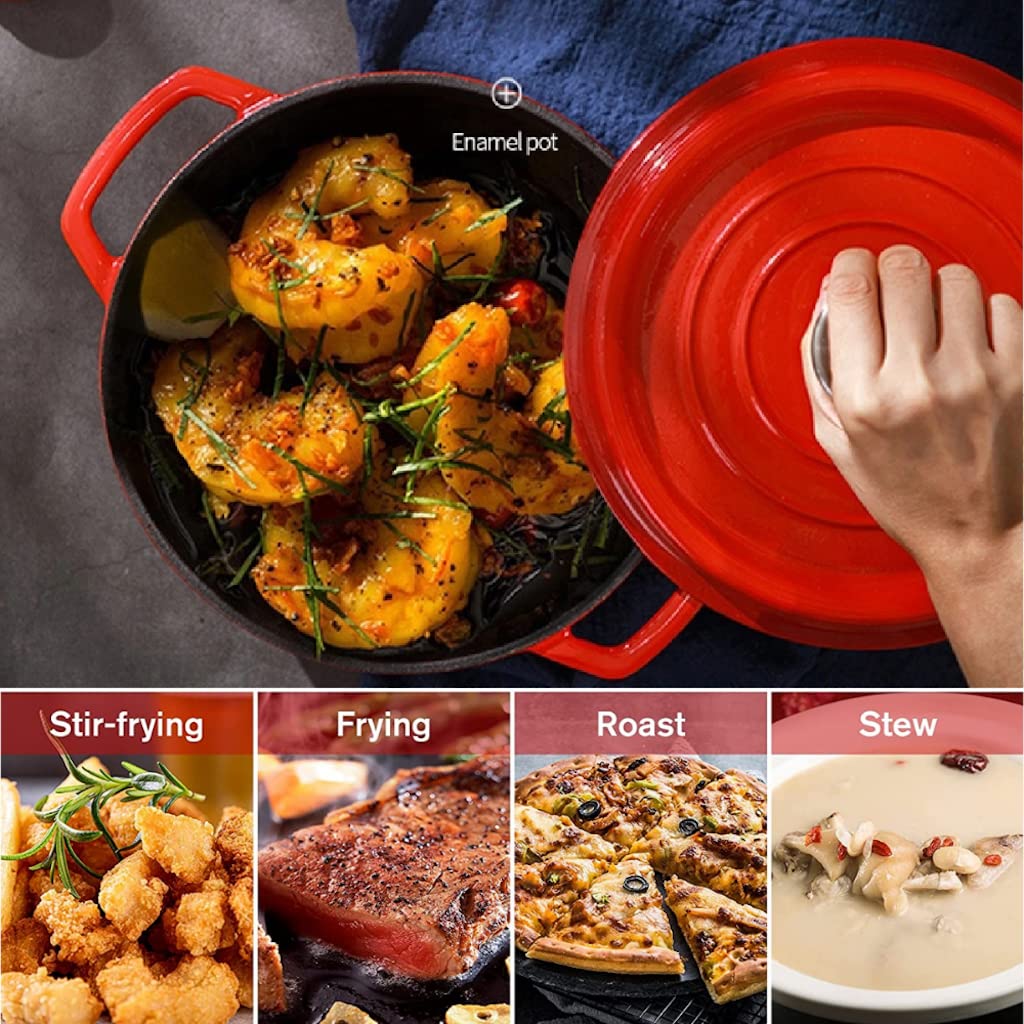 RikoTech 4 Quart Enamel Pan Cast Iron Dutch-ovens Stewpan Casting Cookware with Steamer Thermo Pot Big Cooking Pot for Kitchen Red