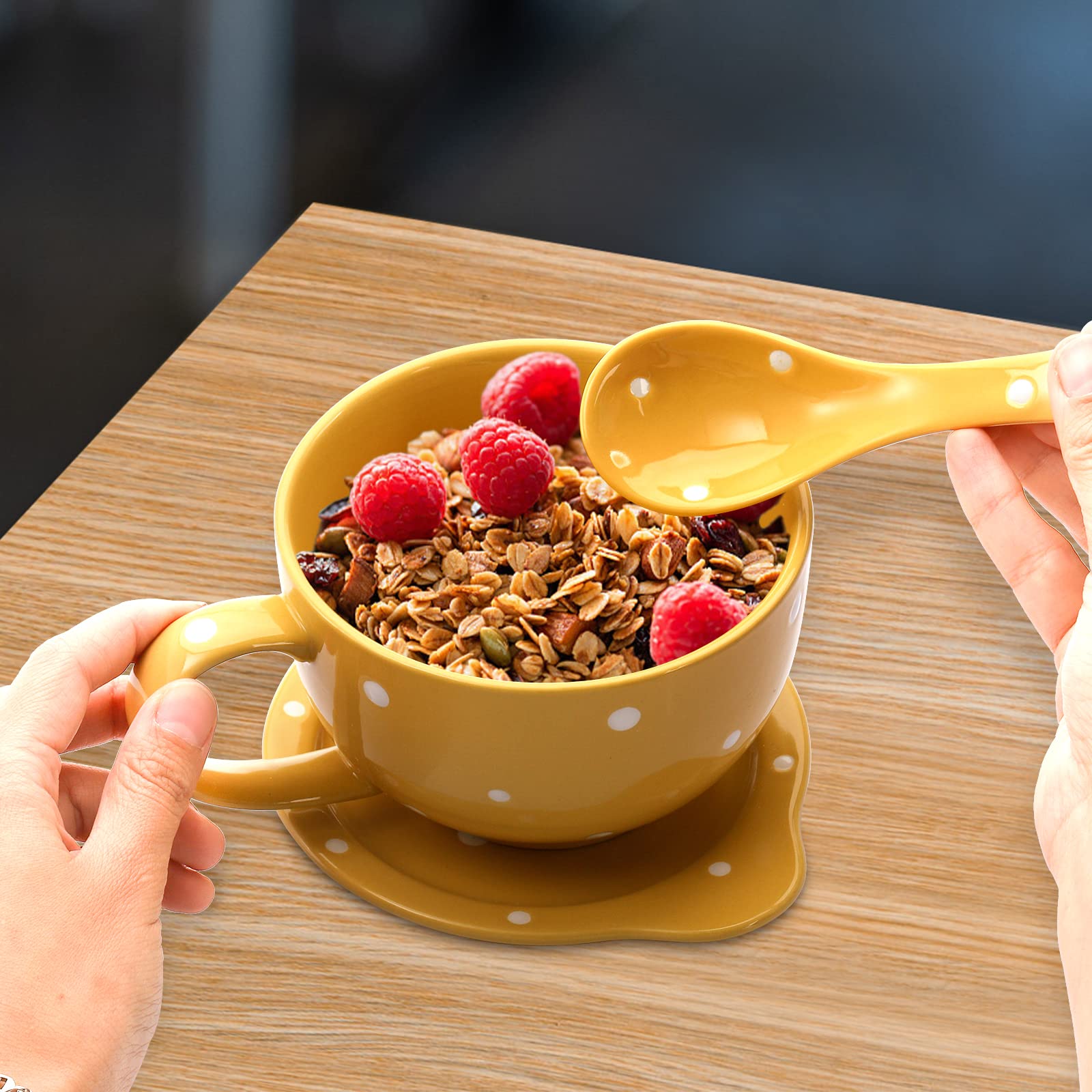Youeon Set of 2 Jumbo Coffee and Soup Mug Set, 16 Oz Porcelain Oatmeal Mug with Lid and Spoon, Large Cereal Mugs, Multi Purpose Wide Mug for Breakfast, Cereal, Milk, Coffee, Hot Cocoa, Fruit